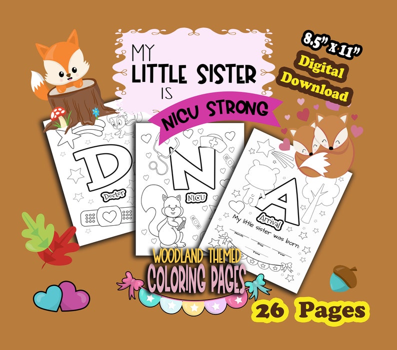 NICU Sibling Coloring Pages, Woodland Theme (digital Download) - Etsy