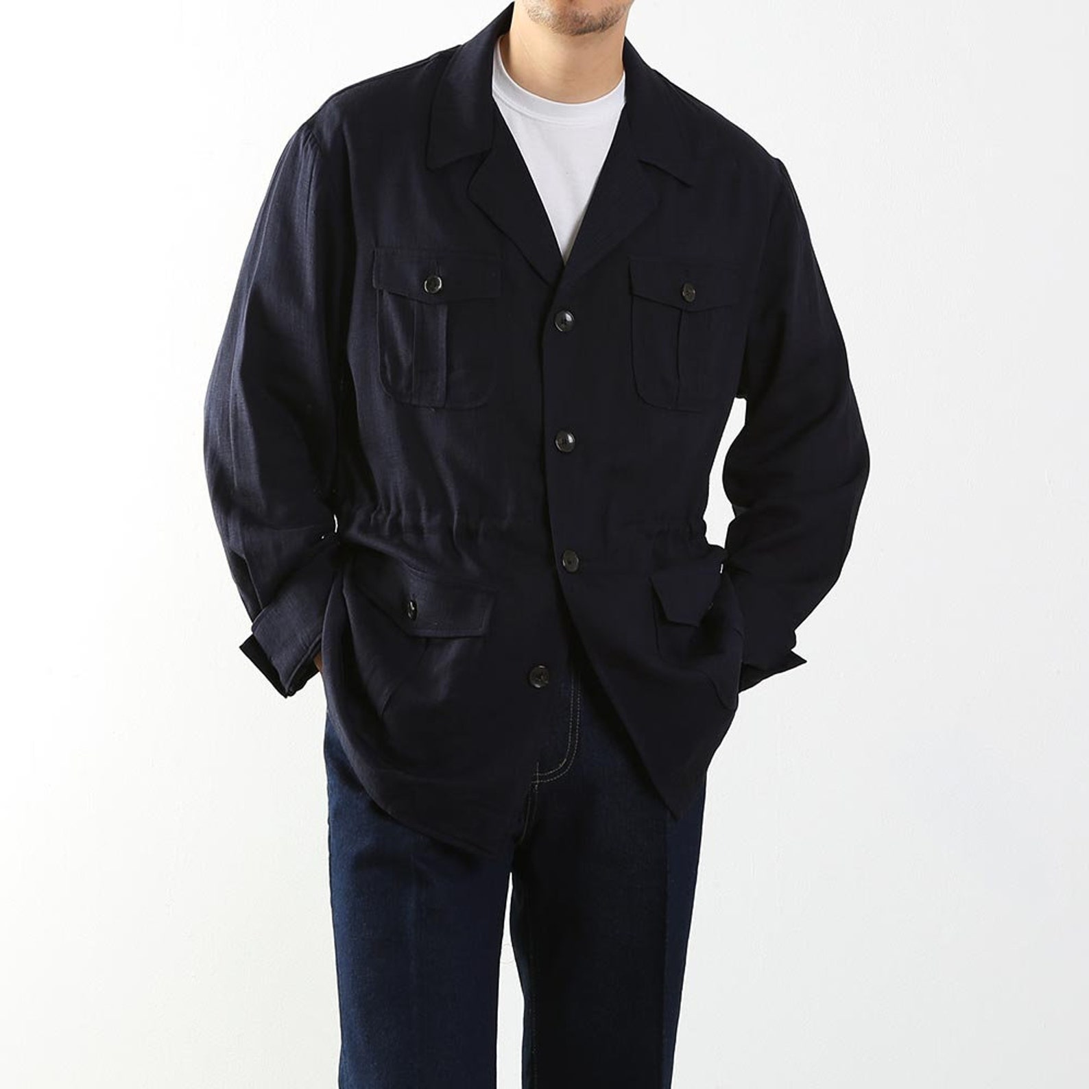 Men's Basic Spring Summer Linen Safari Jacket / Navy Color Summer Coat ...