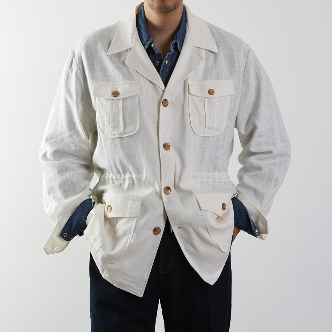 Men's Basic Spring Summer Linen Safari Jacket / Ivory Color Summer Coat ...