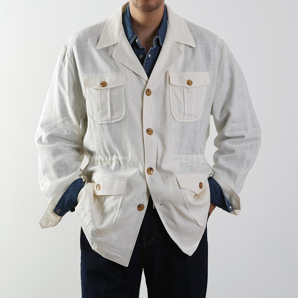 Men's Basic Spring Summer Linen Safari Jacket / Ivory Color Summer Coat ...