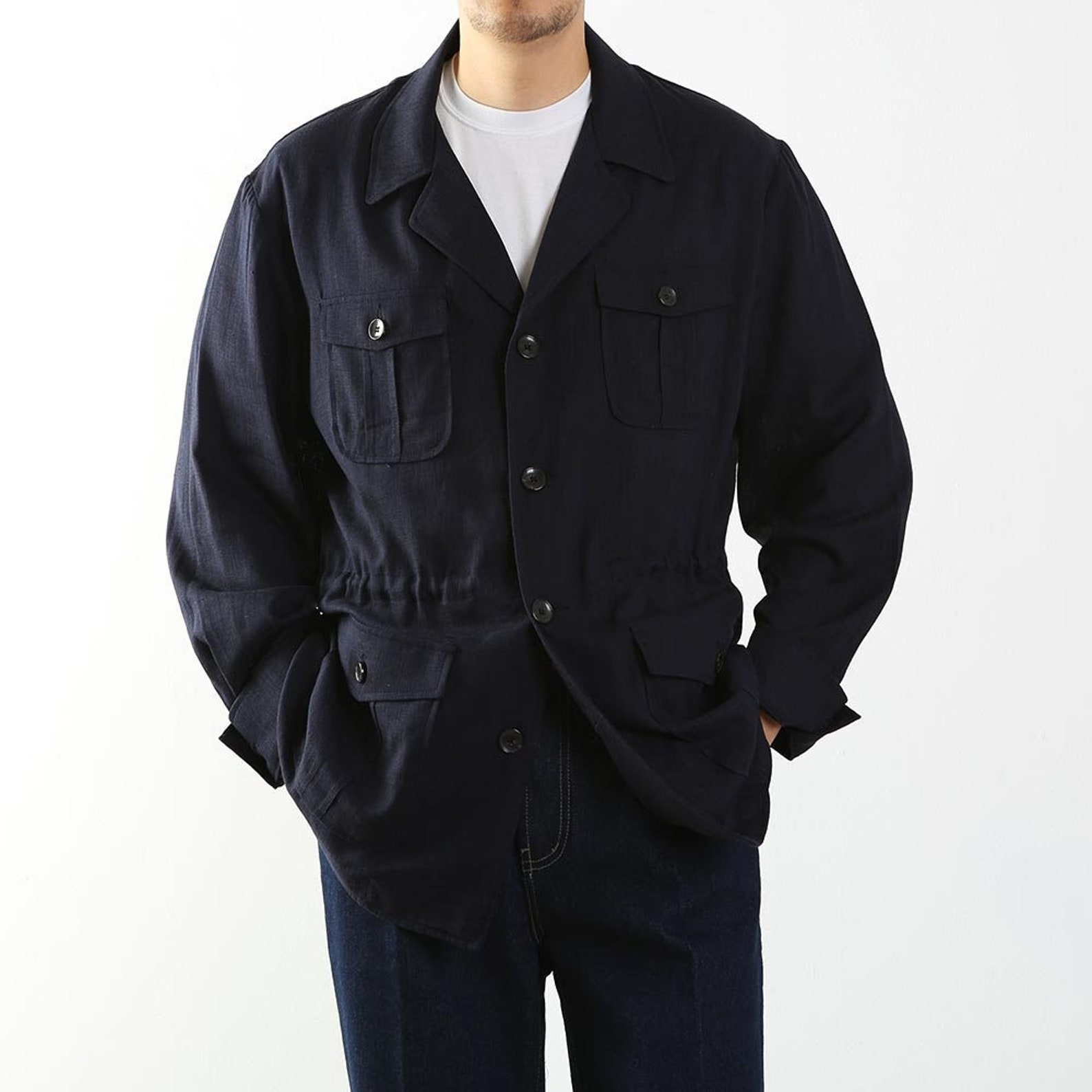 Men's Basic Spring Summer Linen Safari Jacket / Navy Color Summer Coat ...