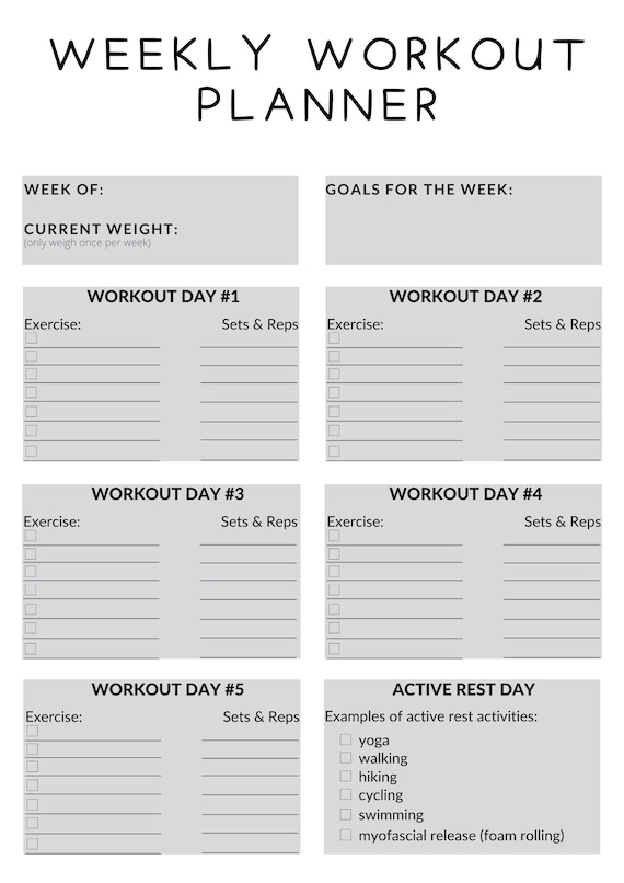Digital Printable Weekly Workout Planner | Etsy