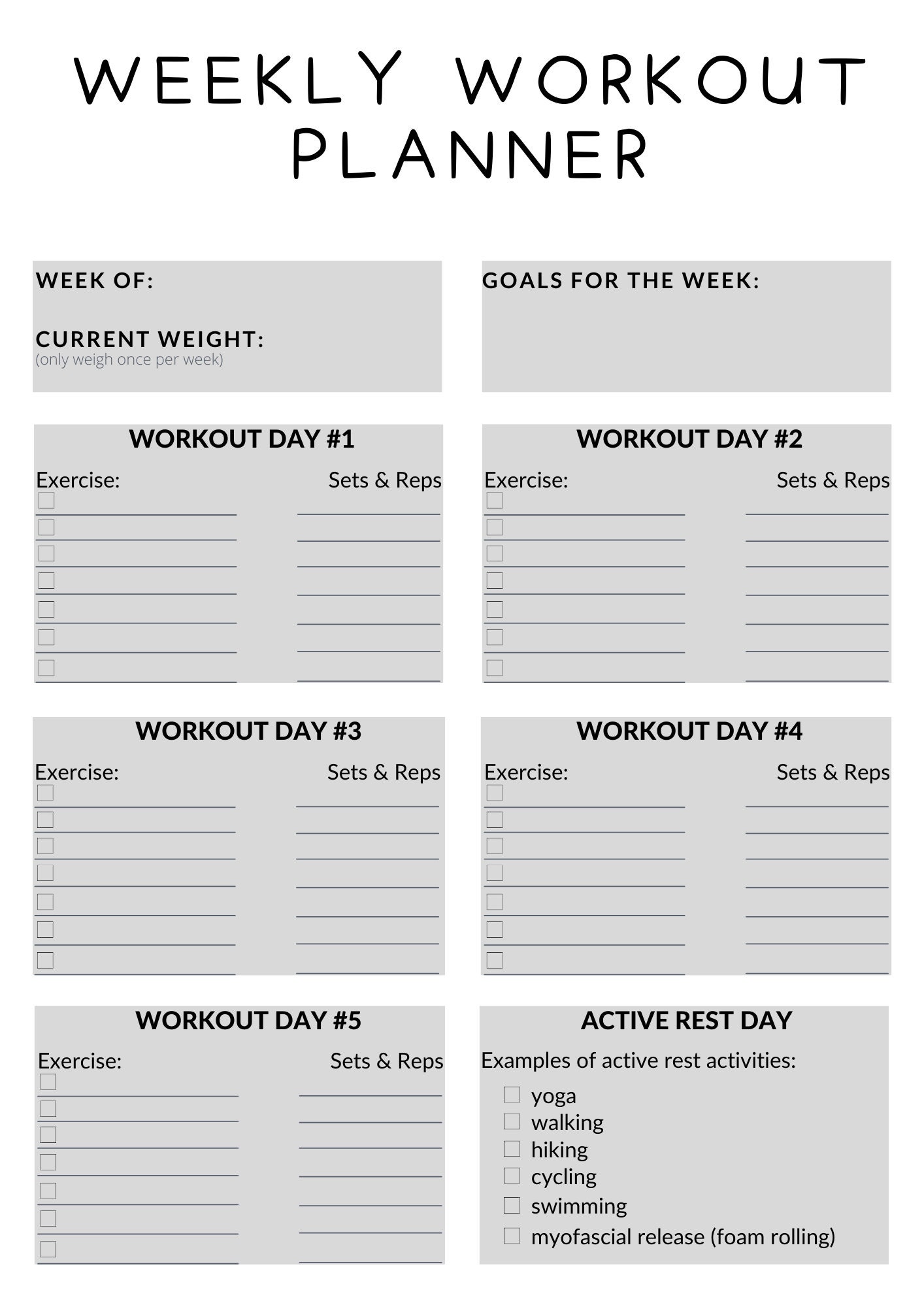 Digital Printable Weekly Workout Planner - Etsy