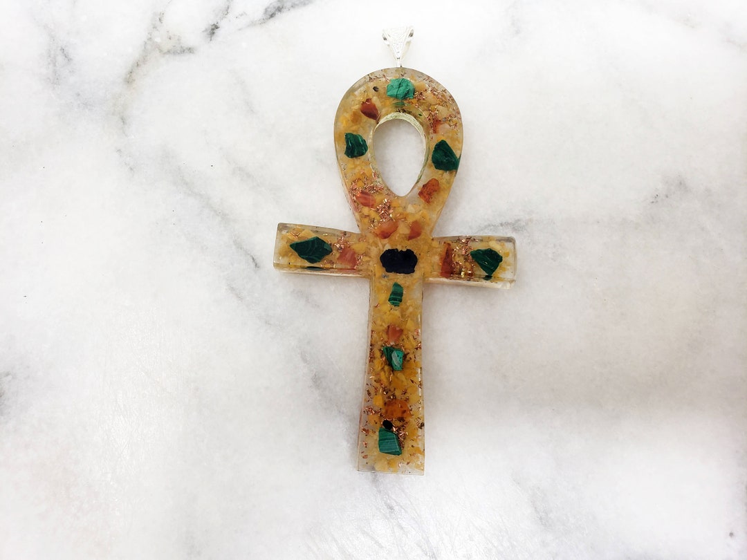 ANKH Orgone Cross Pendant - Yellow Aventurine Malachite Red Carnelian ...