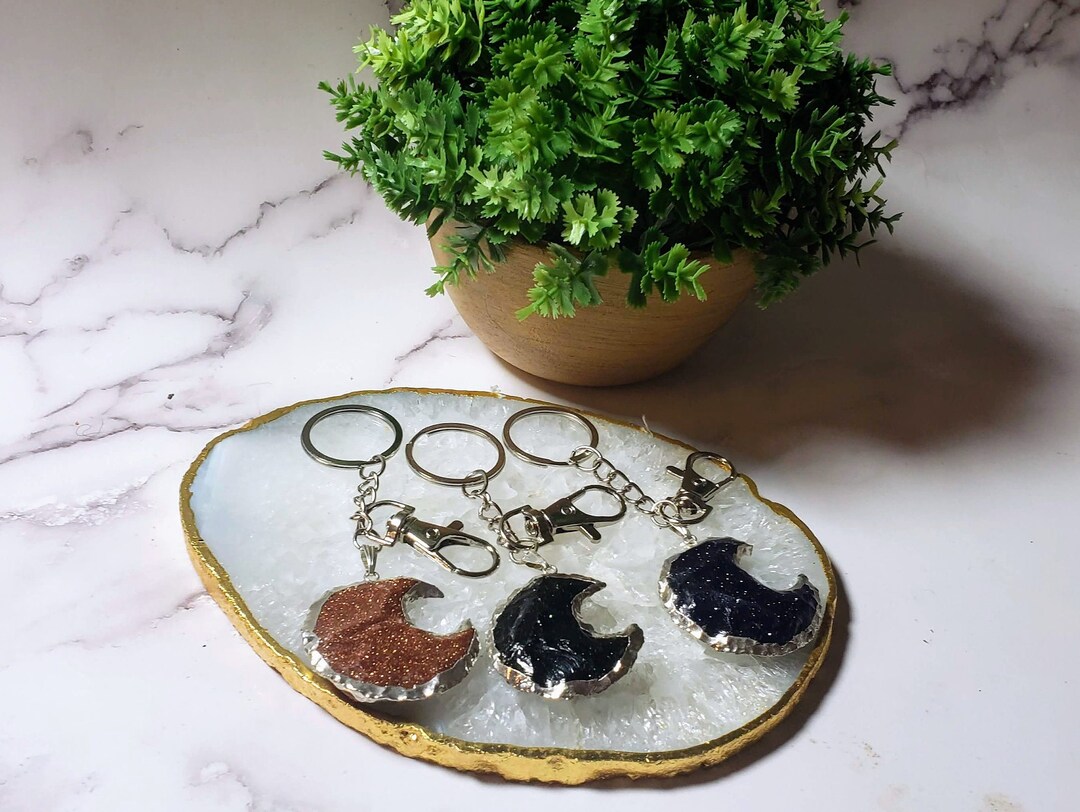 Crescent Moon Goldstone Crystal Keychain, Gemstone Keychain Charms ...