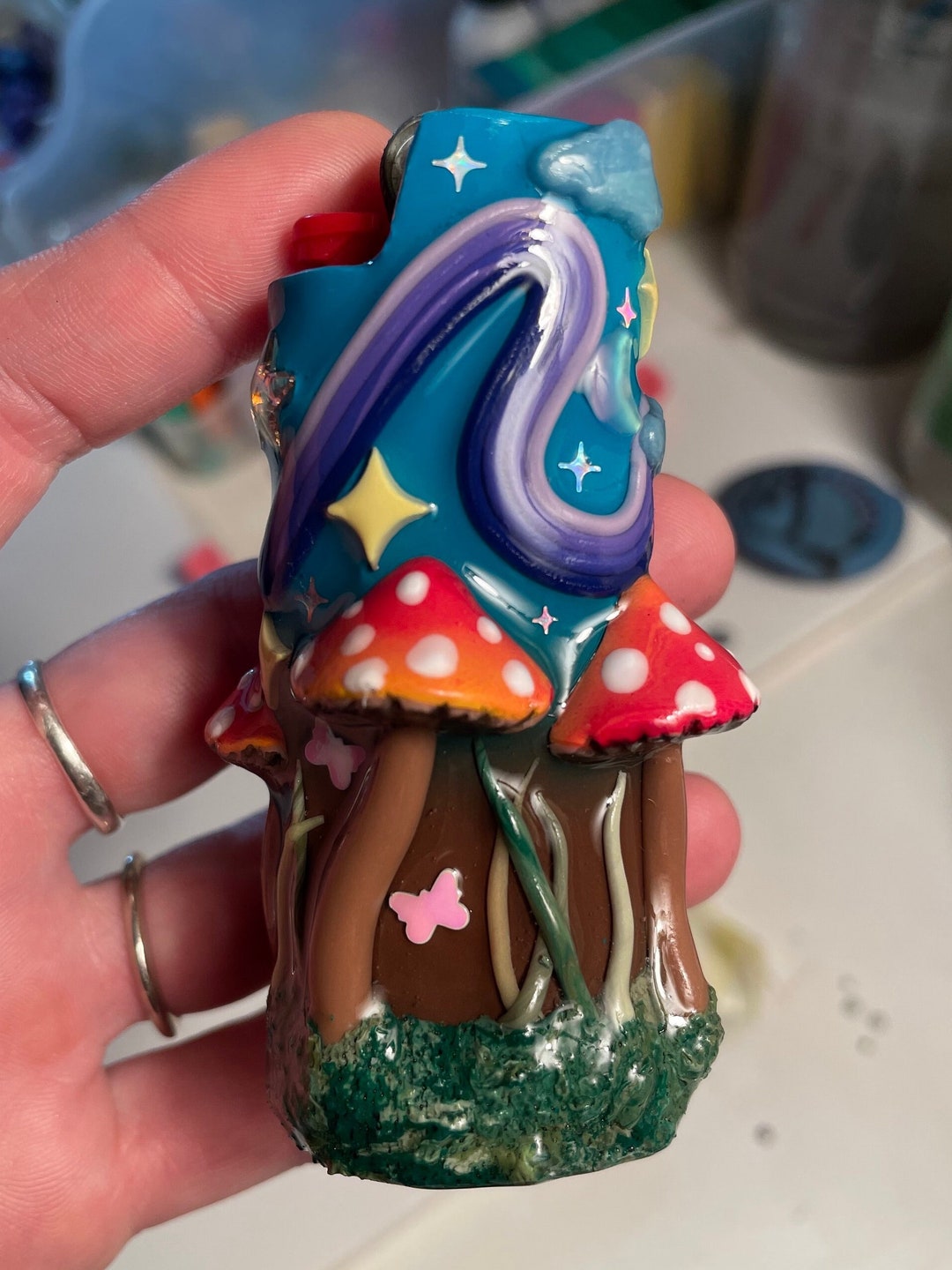 Clay Mushroom Lighter Case Fairy Scene Crystal Stars - Etsy