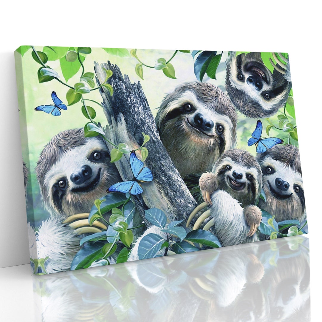 Cute Happy Smiling Sloth Family Canvas Wall Art Print Modern Home Décor ...