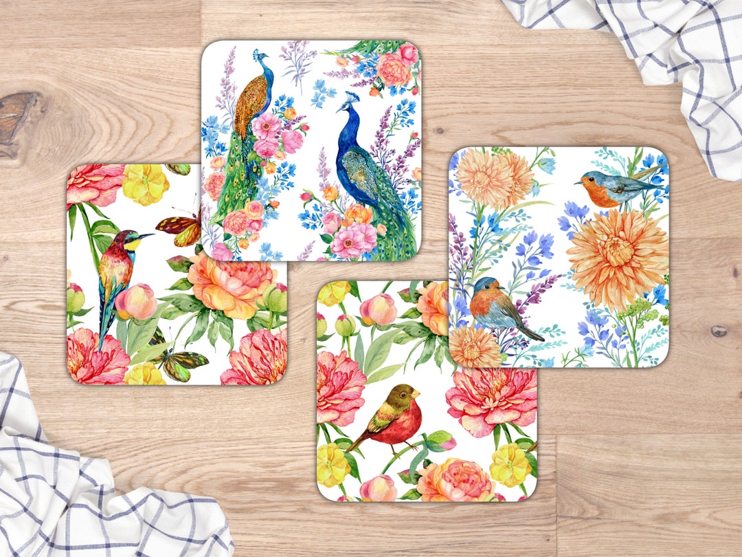 4x Coasters flowers and Birds Coaster Set Hardboard Coasters 4 Pieces per Set - Etsy