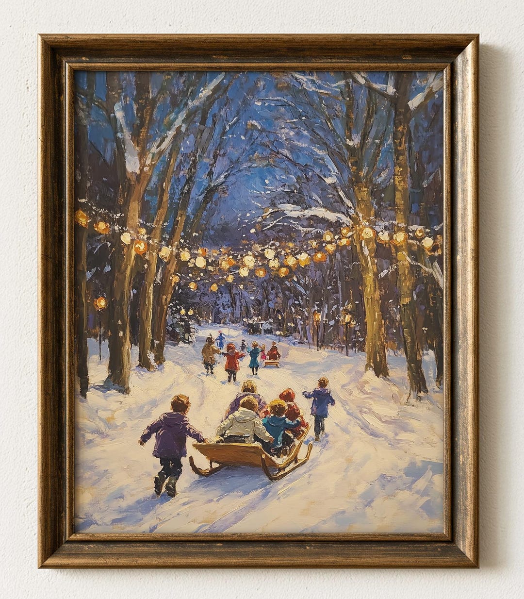 Vintage Winter Scene Painting, Children Sledding on Snowy Path (digital ...