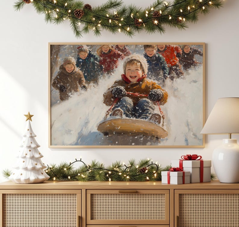 Classic Winter Sledding Fun - Cozy Winter Scene of Children, Family ...