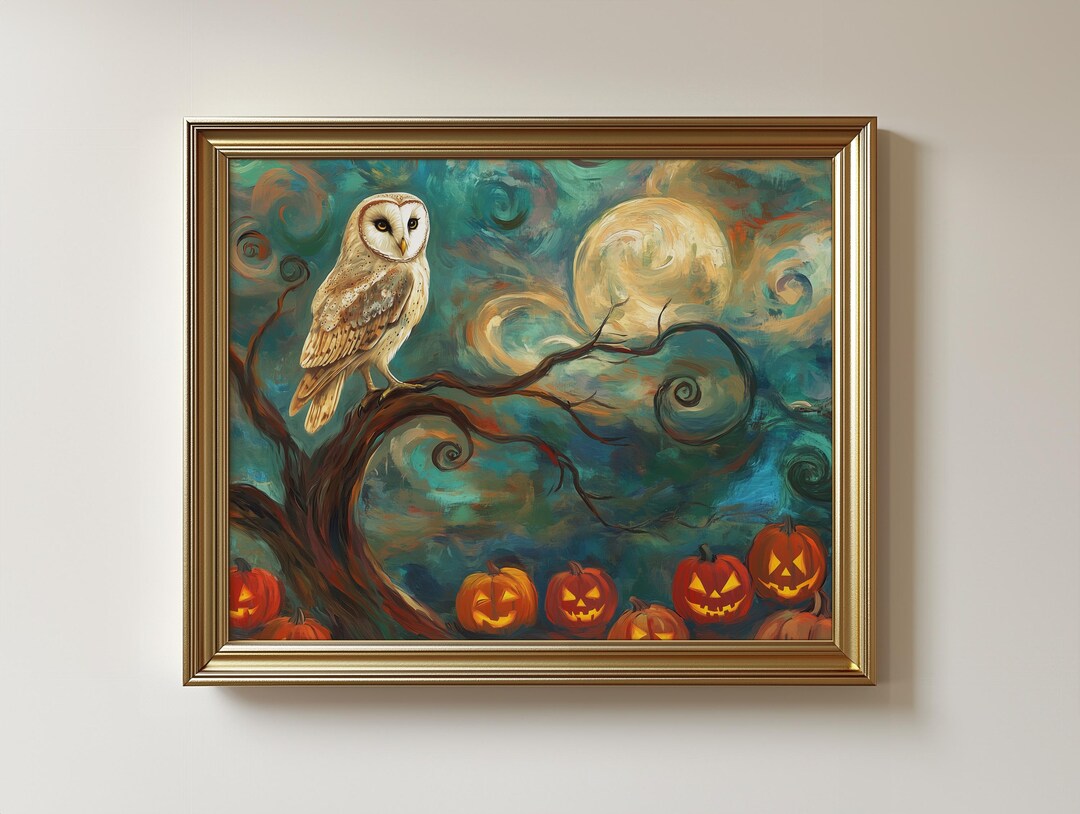 Halloween Owl Moon Art Print: Spooky Barn Owl, Pumpkin Decor (digital ...