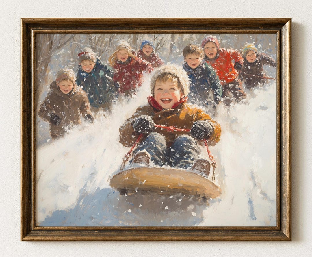 Classic Winter Sledding Fun - Cozy Winter Scene of Children, Family ...