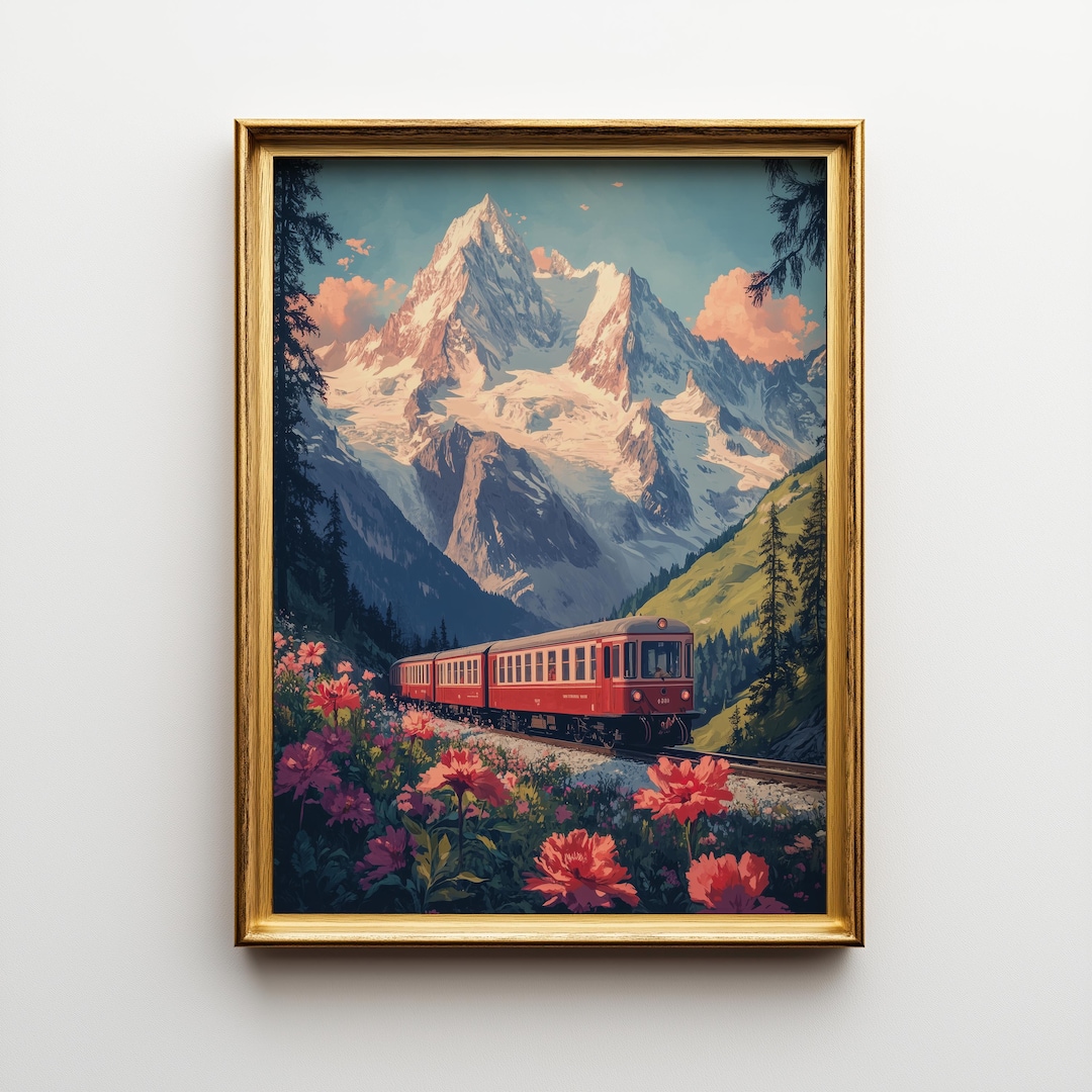 Vintage Swiss Alps Travel Poster: Retro Mountain Train Scene (printable ...
