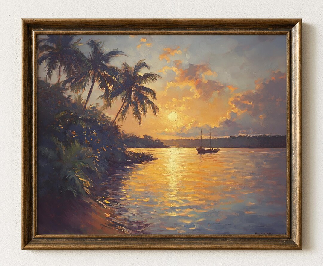 Sunrise Over Tropical Harbor - Coastal Impressionist Art, Serene Boat ...