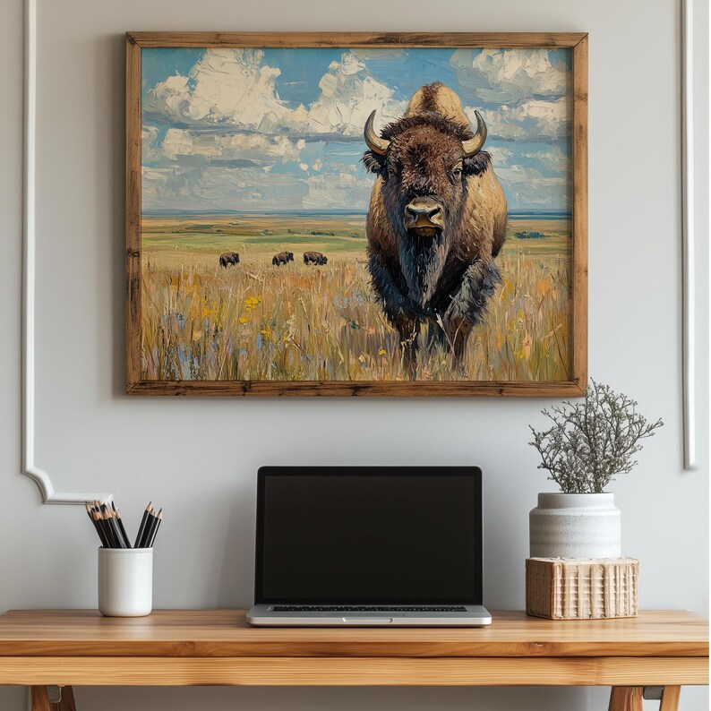 Rustic Western Bison Painting - Farmhouse Prairie Scene With Golden ...