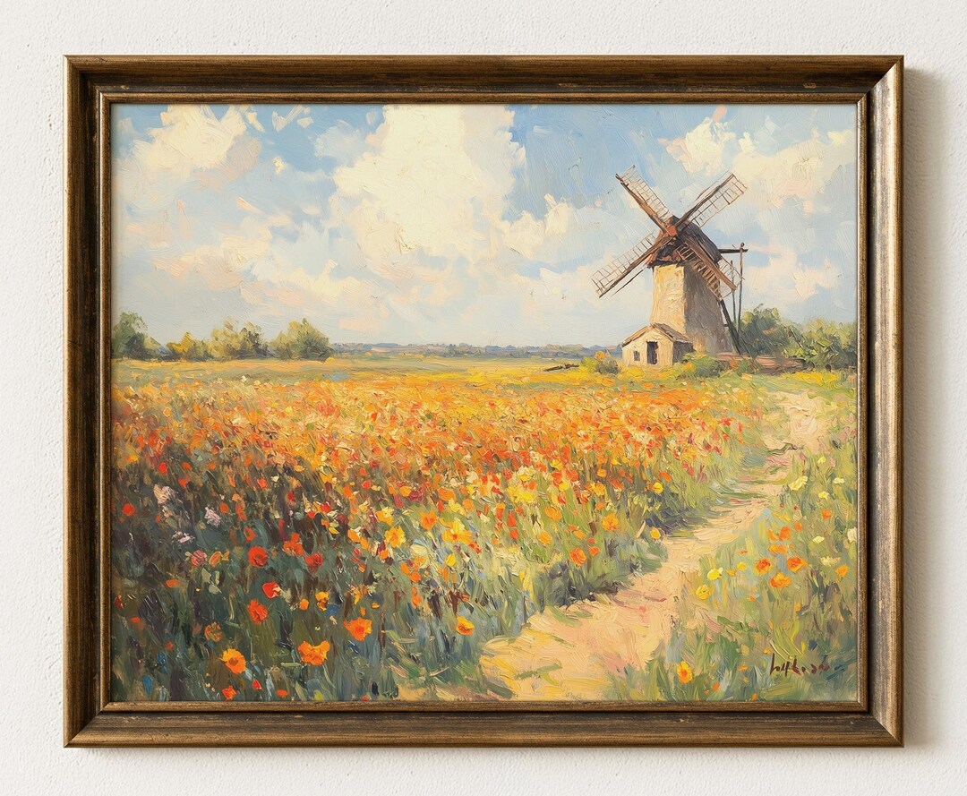 Rustic Windmill Over Wildflower Fields - Sunny Farmhouse Landscape ...
