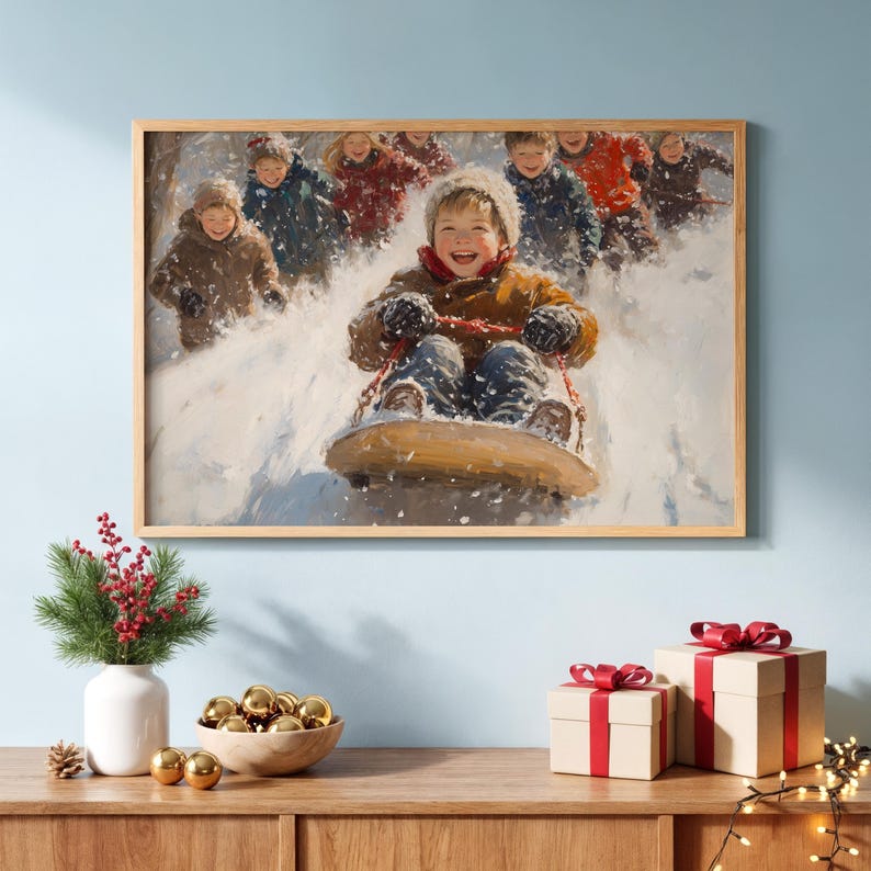 Classic Winter Sledding Fun - Cozy Winter Scene of Children, Family ...