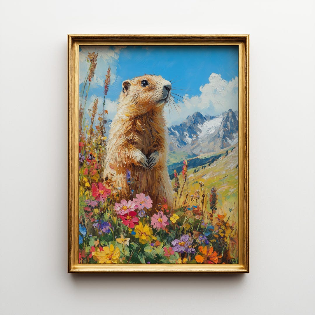 Alpine Marmot Print: Wildflower Meadow Landscape, Rustic Mountain ...