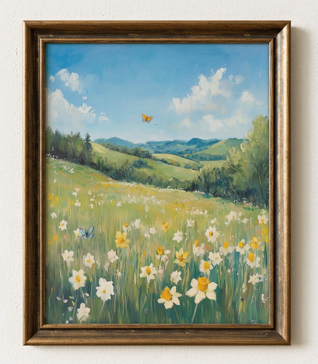 Daffodil Meadow Vintage Art Print: Rustic Cottagecore Spring Landscape ...