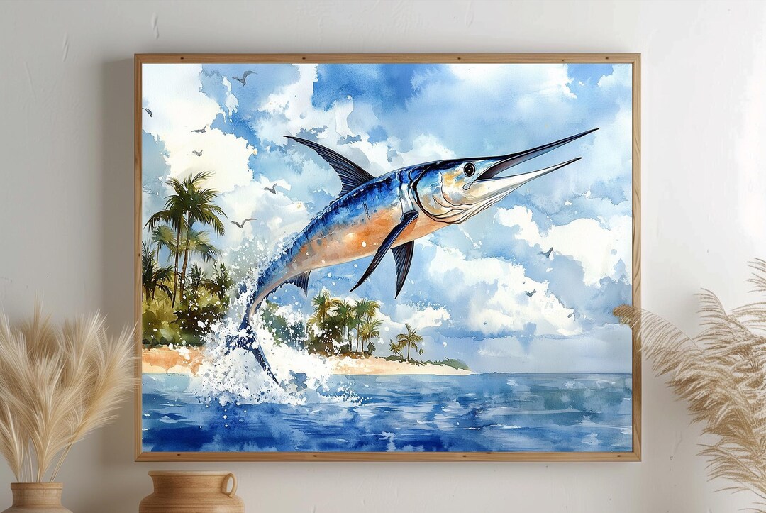 Blue Marlin Watercolor Print: Coastal Nautical Wall Art (digital ...