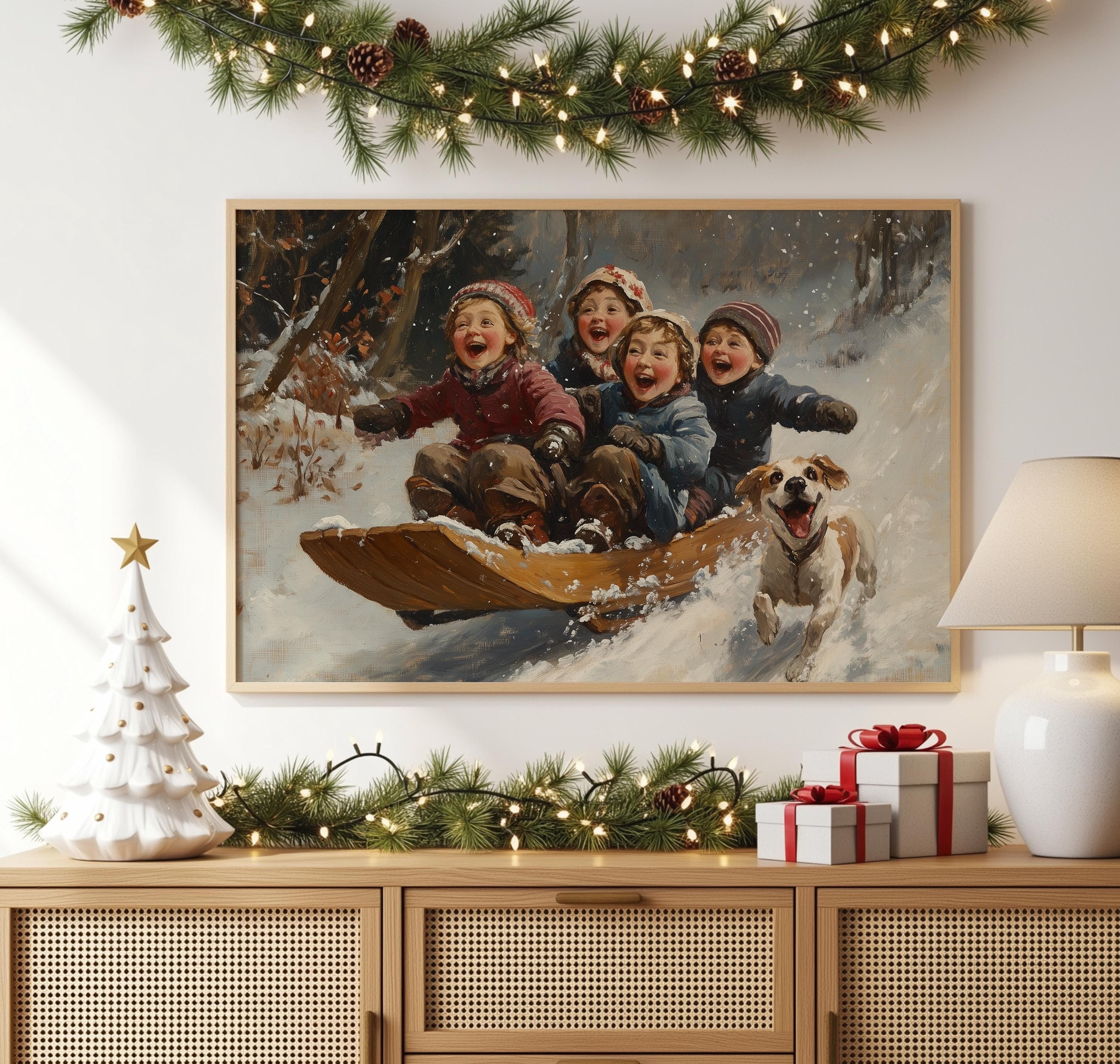 Winter Sledding Scene Oil Painting: Vintage Holiday Landscape (digital ...