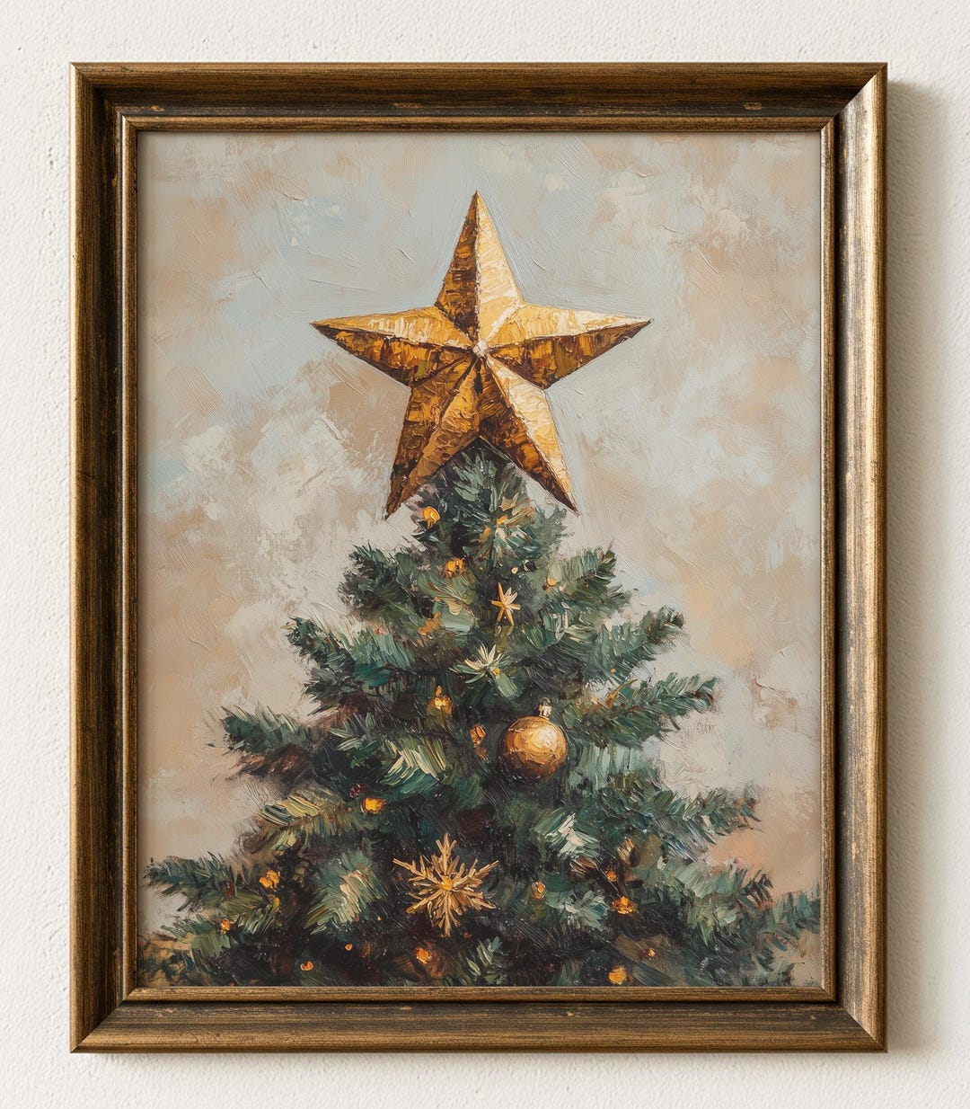 Decorated Christmas Tree Painting With Golden Star Topper, Warm Holiday ...