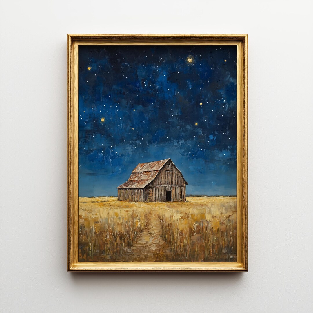 Starry Night Over Rustic Barn - Printable Vintage Landscape, Great ...