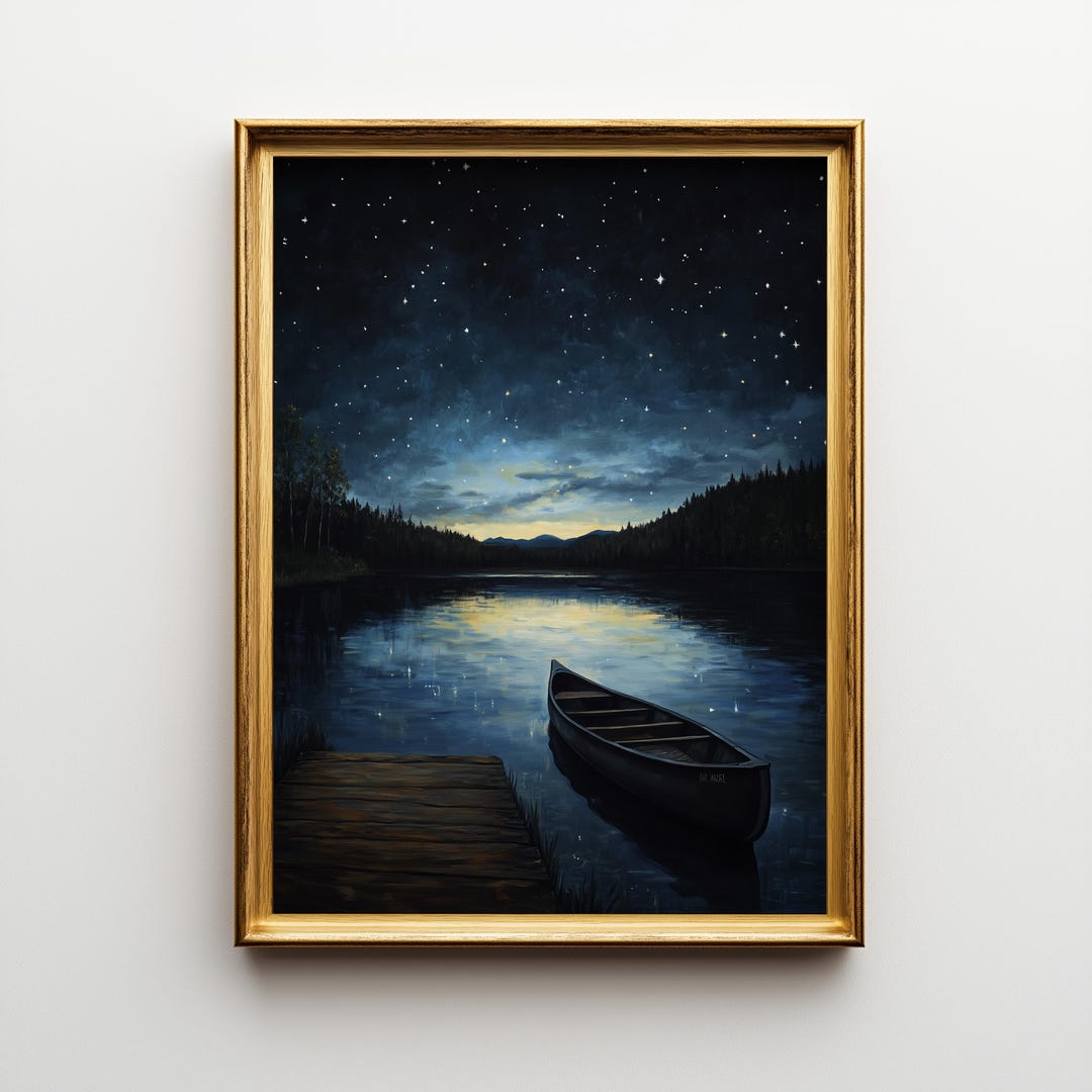 Starry Night Over Adirondack Lake - Rustic Landscape Painting, Calm ...