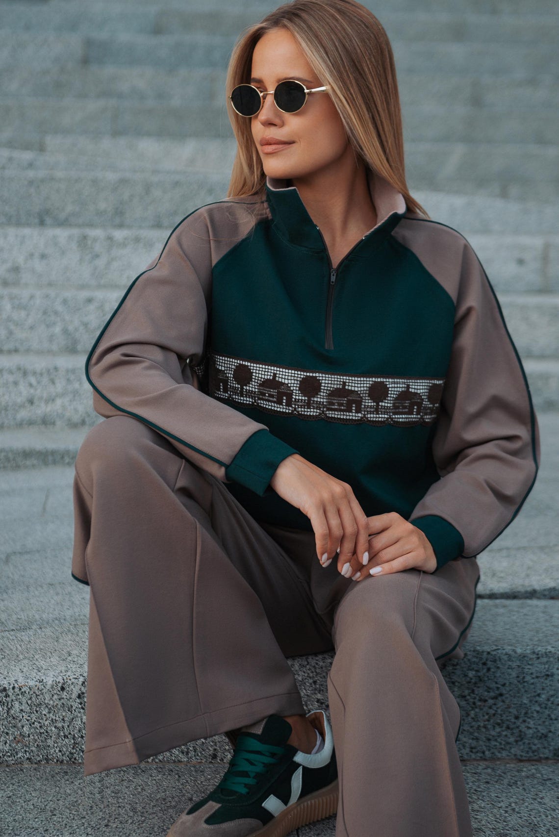 Green Brown Tracksuit Set – Women’s Oversized Sweatshirt and Wide Leg ...