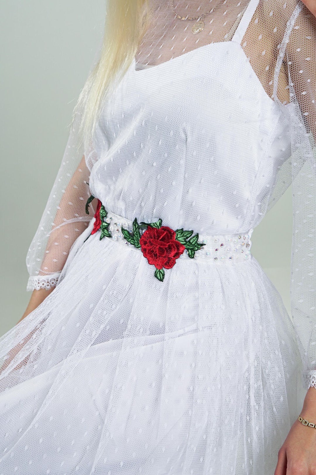 White Mesh Dress, Wedding Dress, Embroidered Belt, Party Dress, White ...