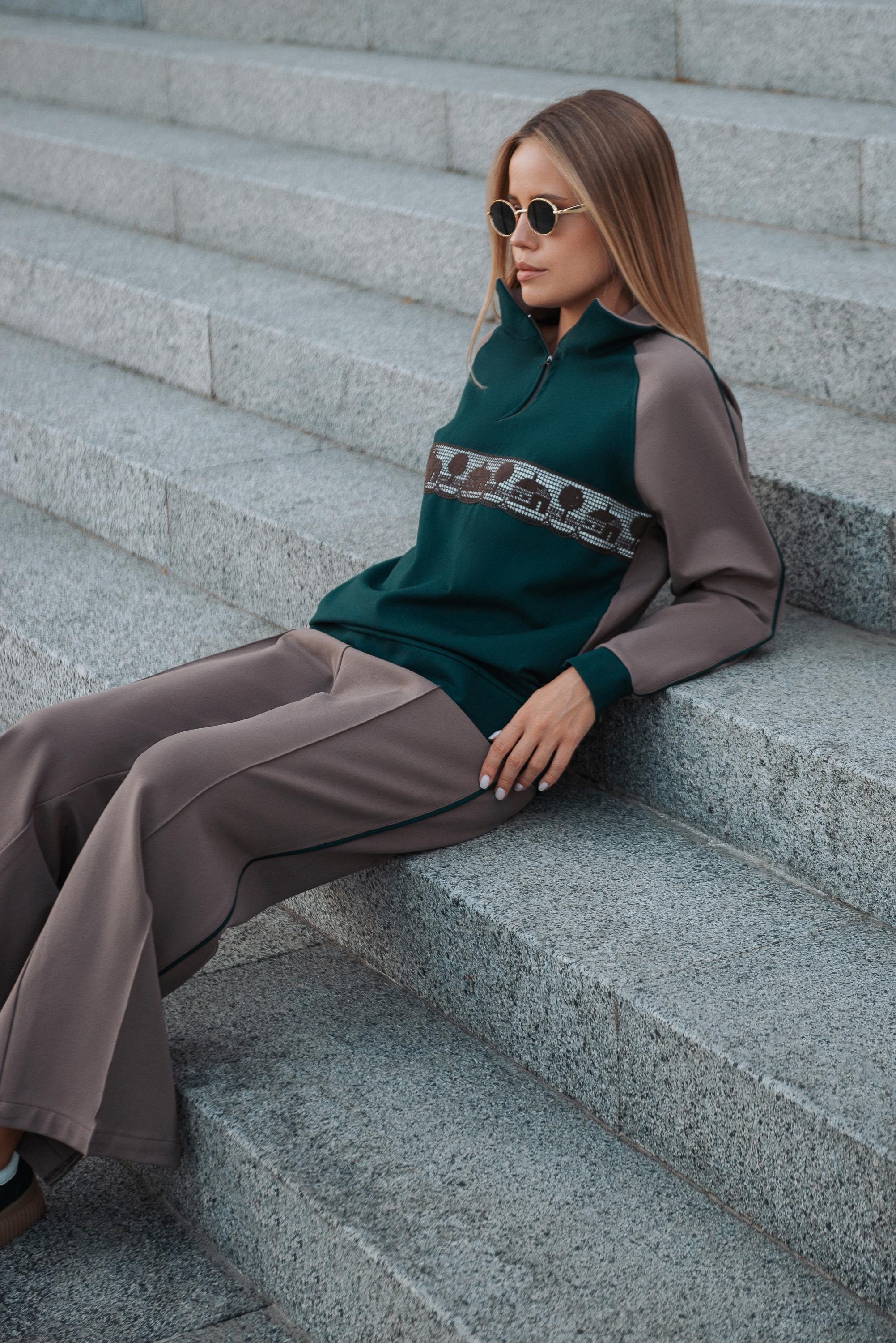 Green Brown Tracksuit Set – Women’s Oversized Sweatshirt and Wide Leg ...