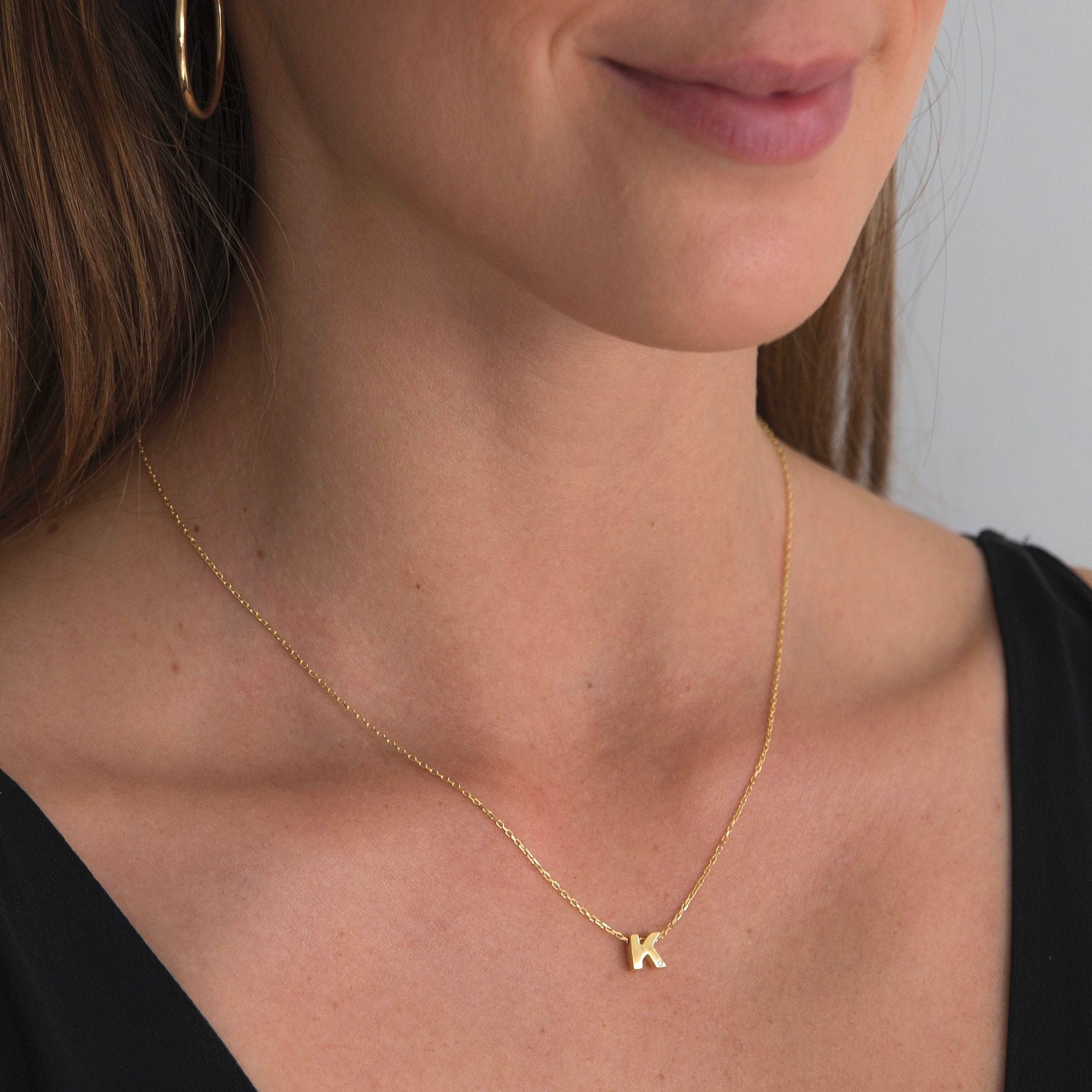 K Collar de letras con diamante 18 quilates de oro Vermeil | Etsy
