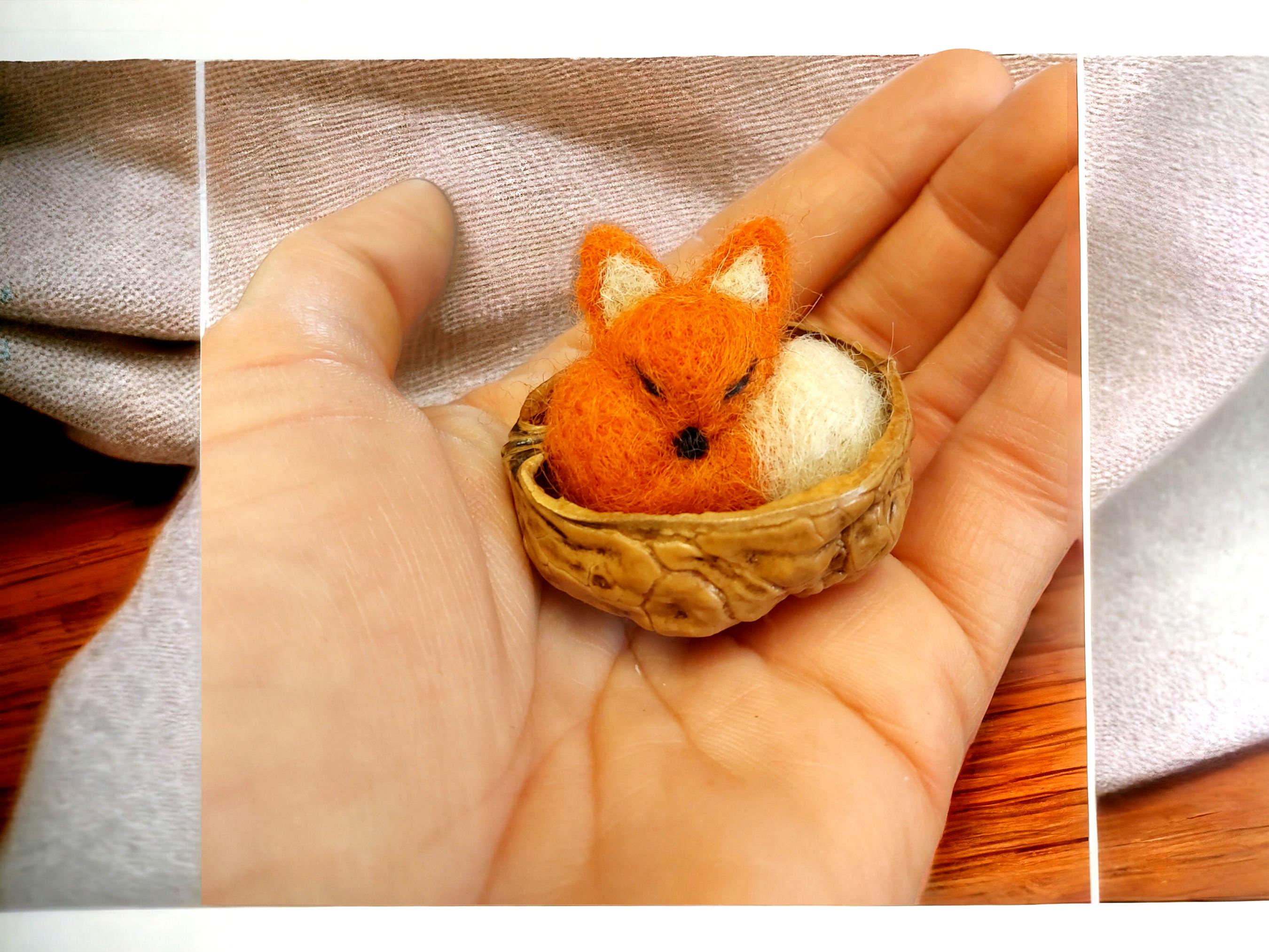 Fox Handmade Needle Felted in a Wallnut Shell, Sleeping Fox, Tiny ...