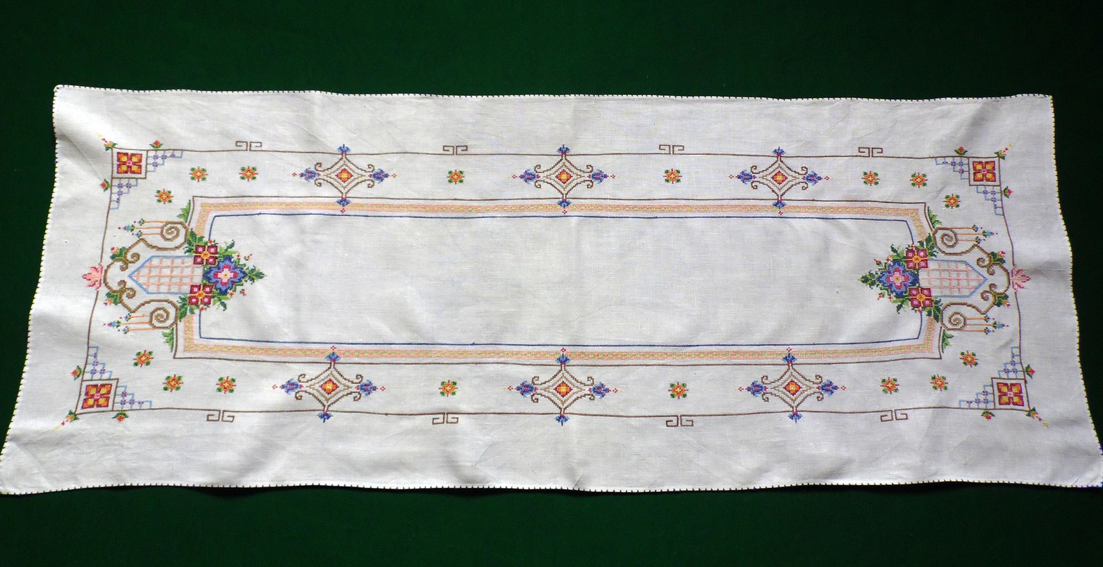 Vintage Table Runner With Cross Stitch Embroidery, Hand Embroidery ...
