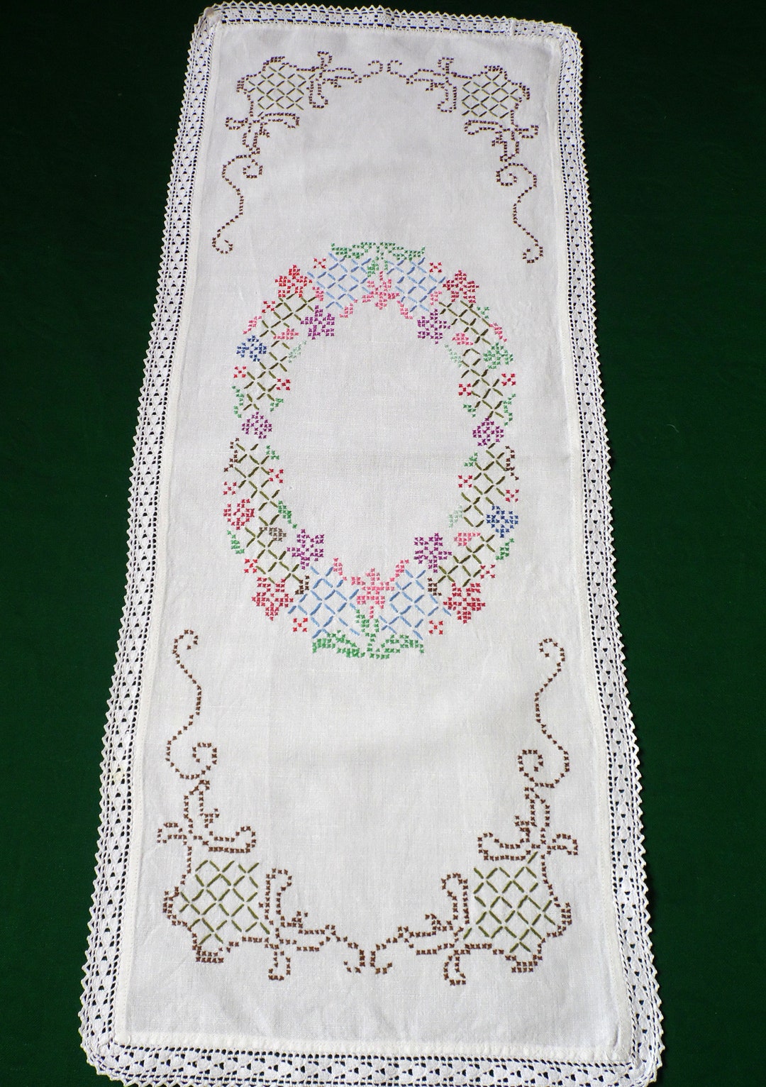 Vintage Linen Table Runner With Cross Stitch Embroidery, Flowers ...