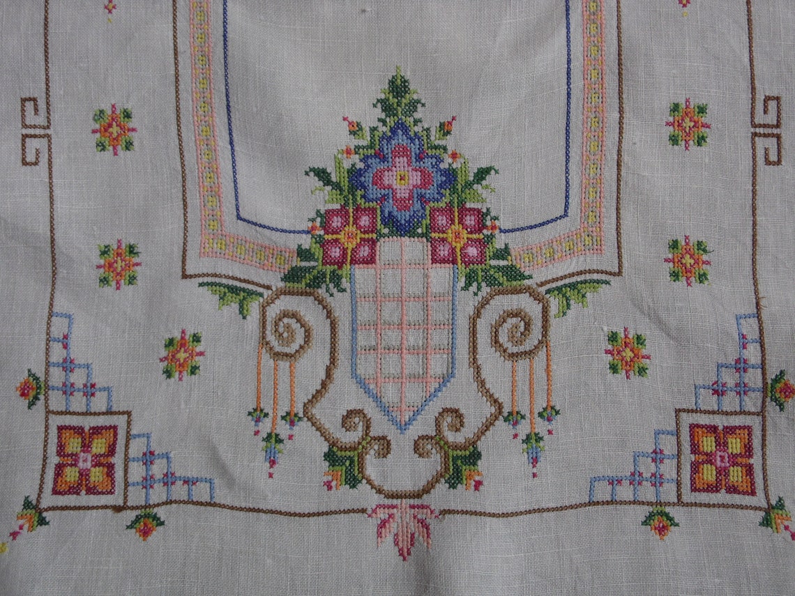 Vintage Table Runner With Cross Stitch Embroidery, Hand Embroidery ...