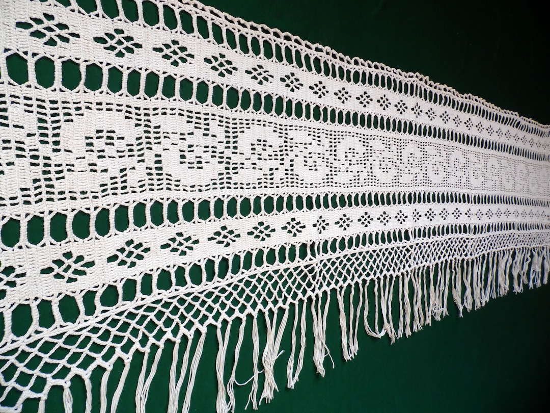 Vintage Crochet Curtain, Crochet Valance With Fringe, Lace Curtain ...