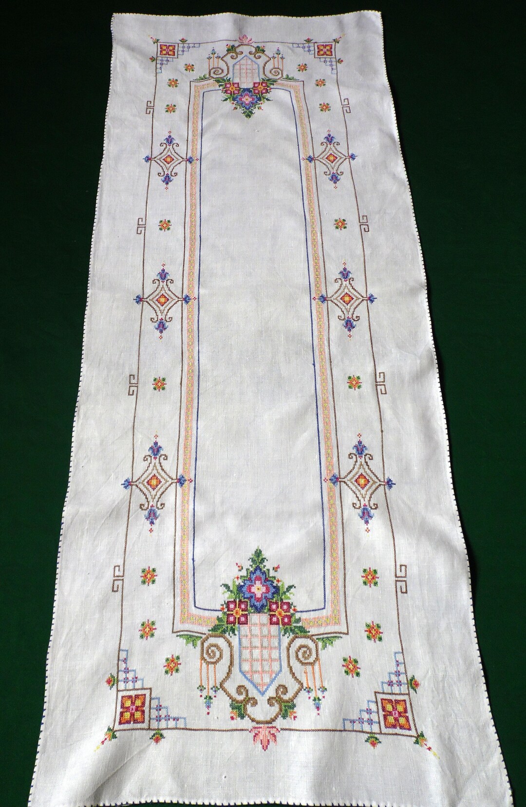 Vintage Table Runner With Cross Stitch Embroidery, Hand Embroidery ...