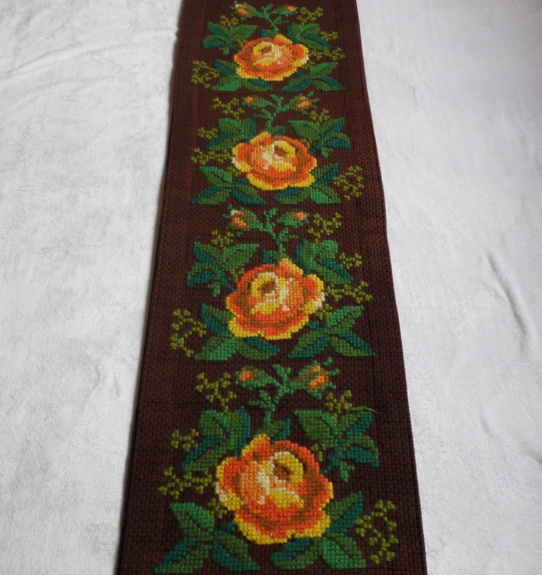 Vintage Table Runner With Cross Stitch Embroidery, Roses Hand ...