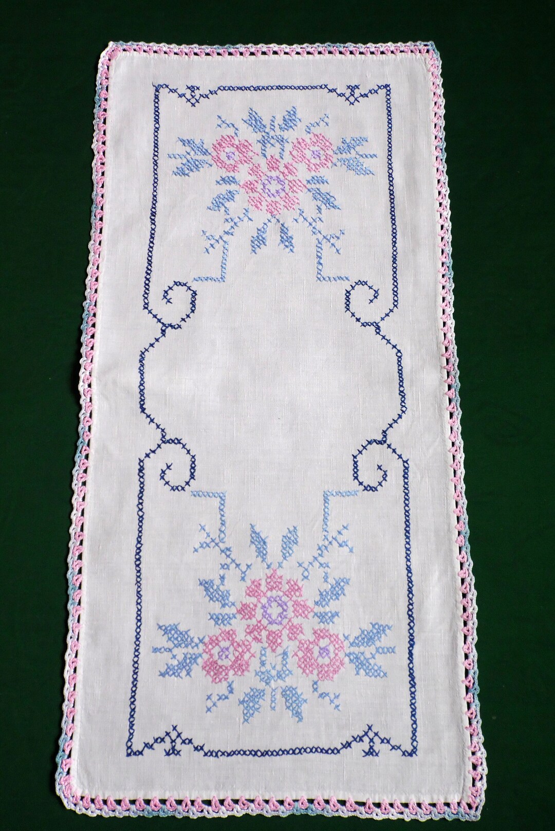 Vintage Linen Table Runner Cross Stitch Embroidery, Embroidered Table ...