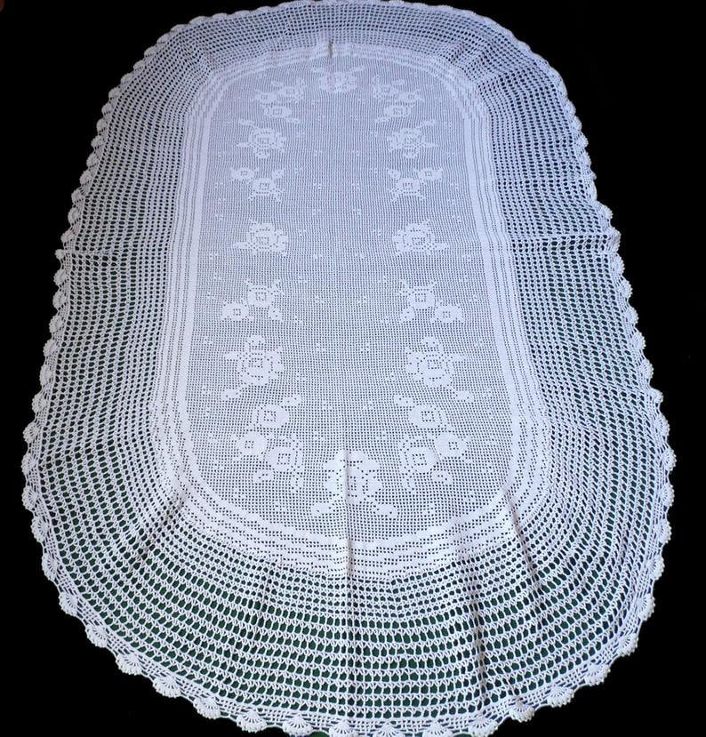 Vintage Crochet Tablecloth. Oval Crochet Tablecloth. Crocheted - Etsy