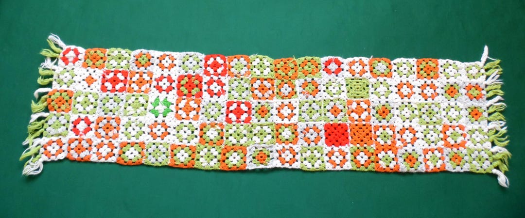 Vintage Handmade Crochet Table Runner With Fringe, Colorful Wool ...