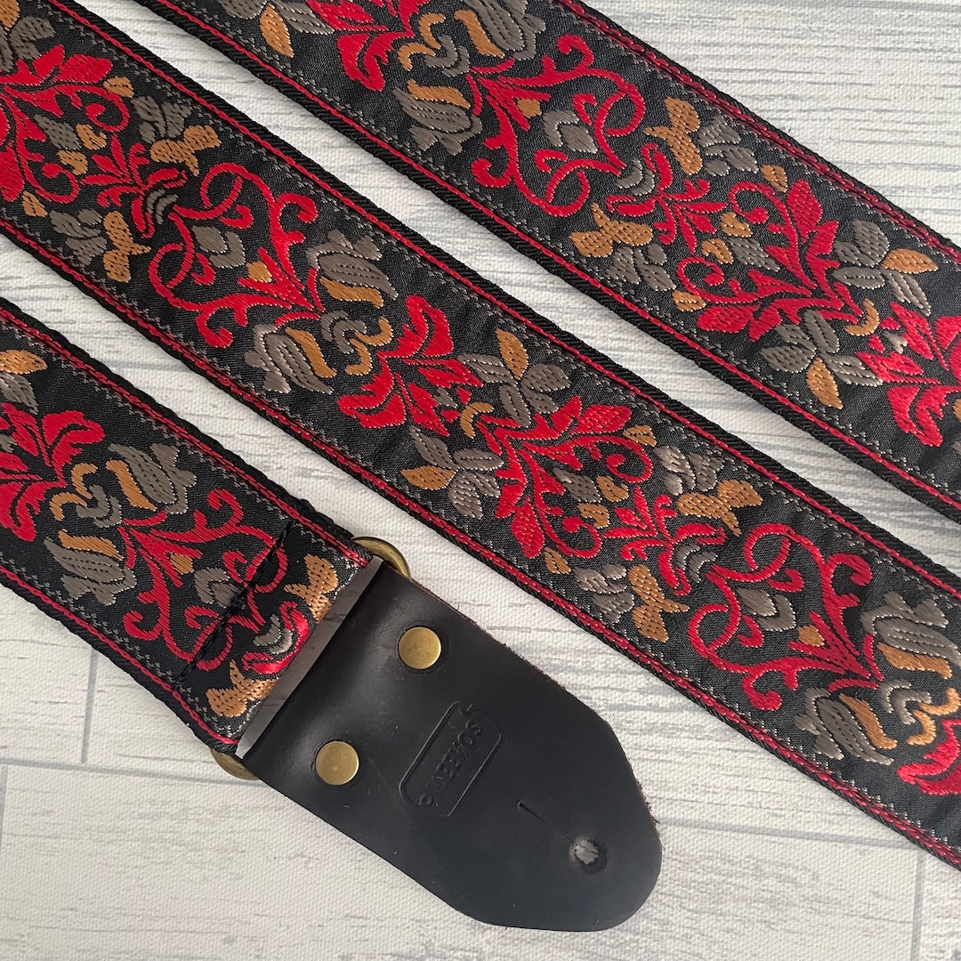 Black and Red Jacquard Guitar Strap / Electric Bass Acoustic Guitar ...