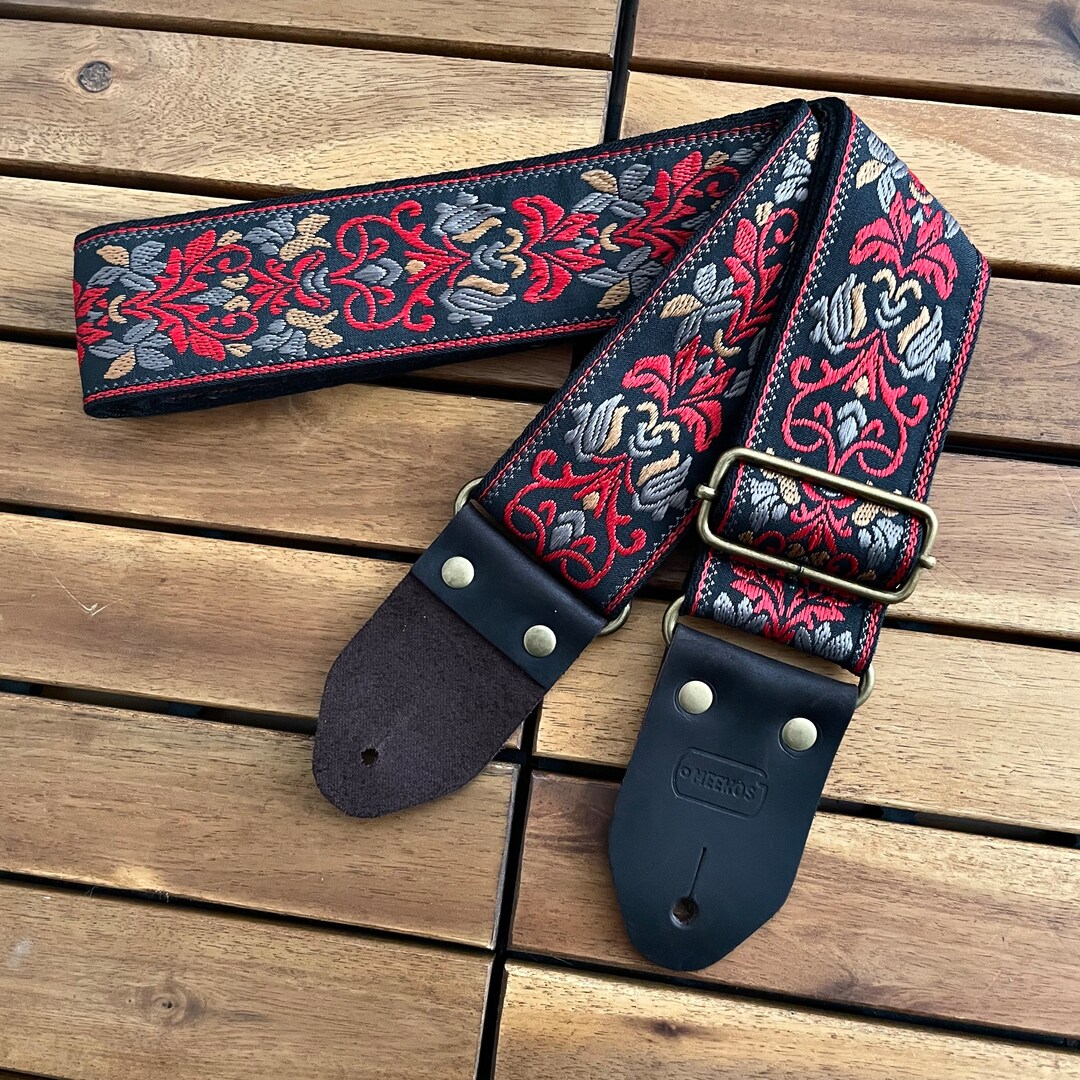 Black and Red Jacquard Guitar Strap / Electric Bass Acoustic - Etsy