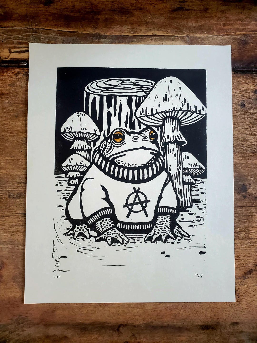 Anarchist Toad Linocut Print: Metallic Gold Eyes, Mushroom Forest - Etsy