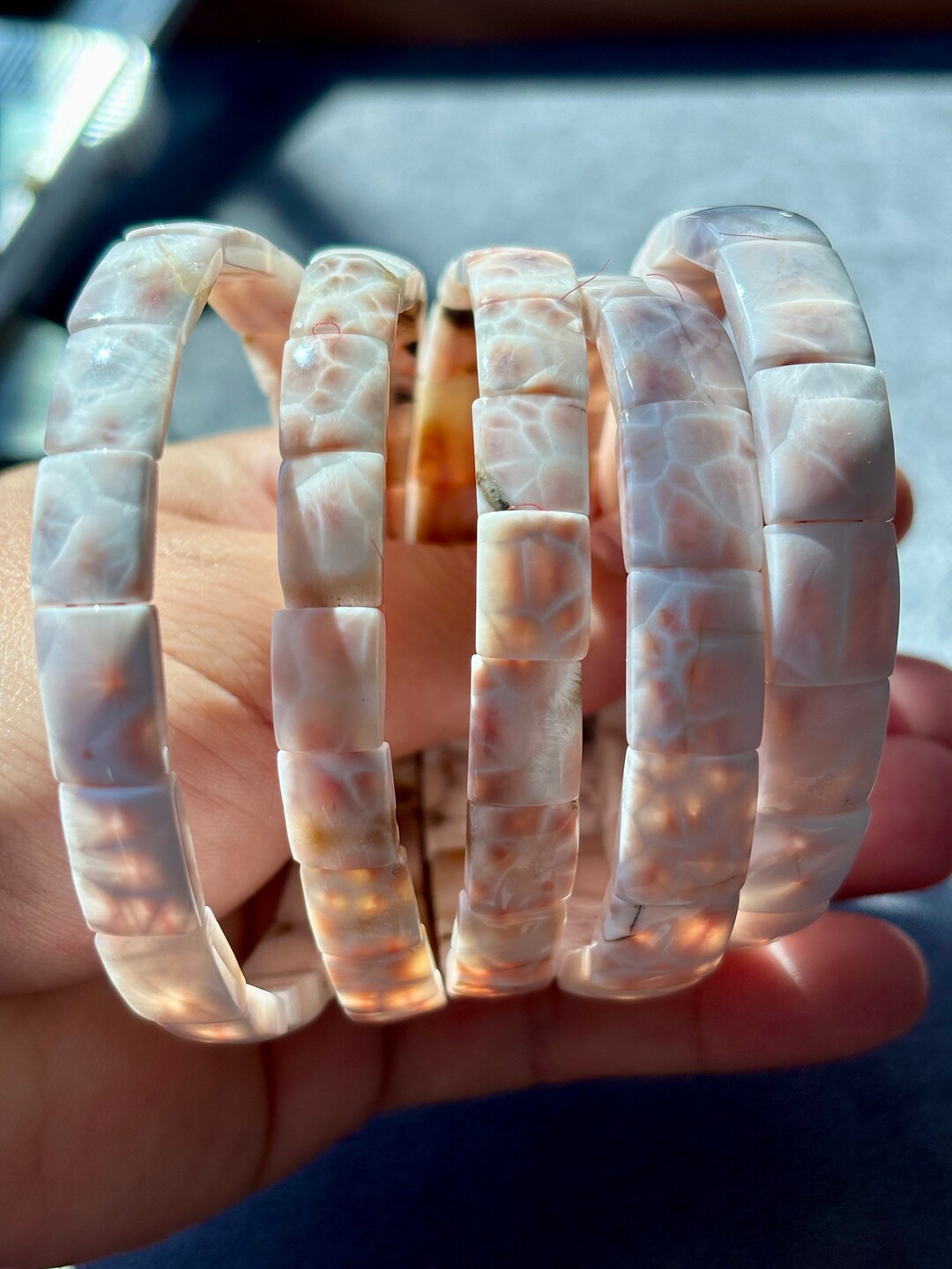 Rare Find Pink Larimar Rectangular Beads Elastic Bracelet 8/9/10 Mm ...
