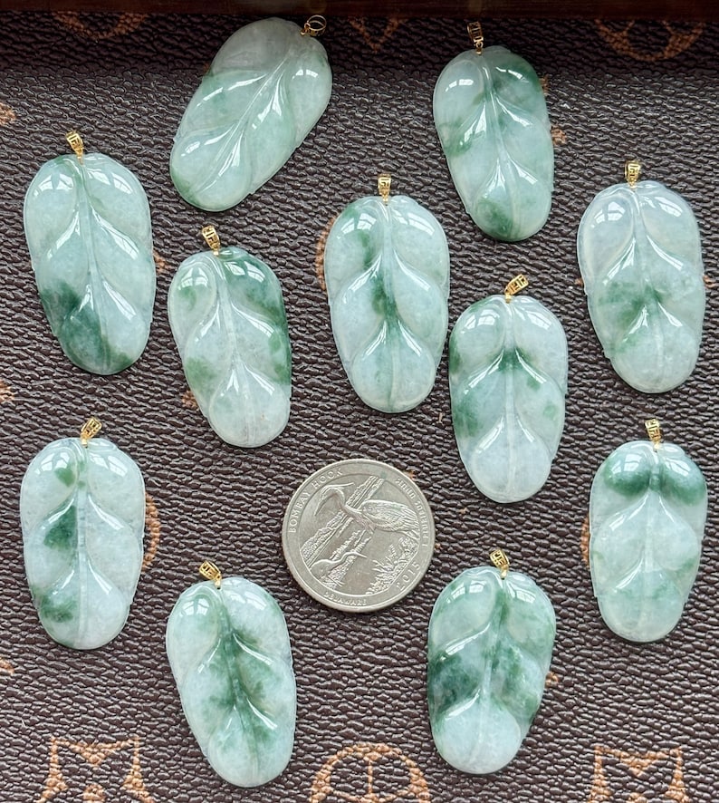 Natural Burmese Jadeite Leaf Pendant With Floating Green - 18k Gold ...