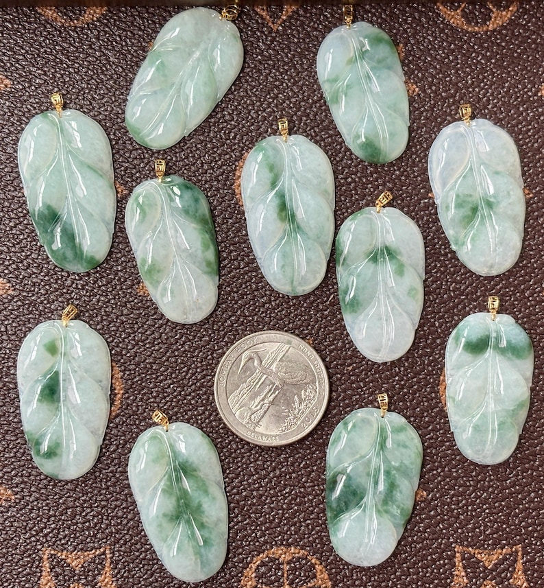 Natural Burmese Jadeite Leaf Pendant With Floating Green - 18k Gold ...
