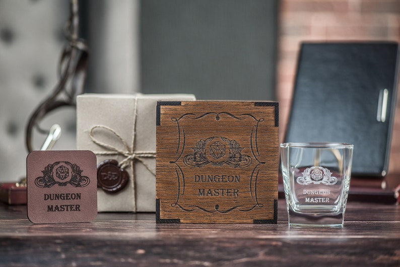 Dungeon Master Whiskey Glass Set: Dnd Engraved Glass, Leather Coaster ...