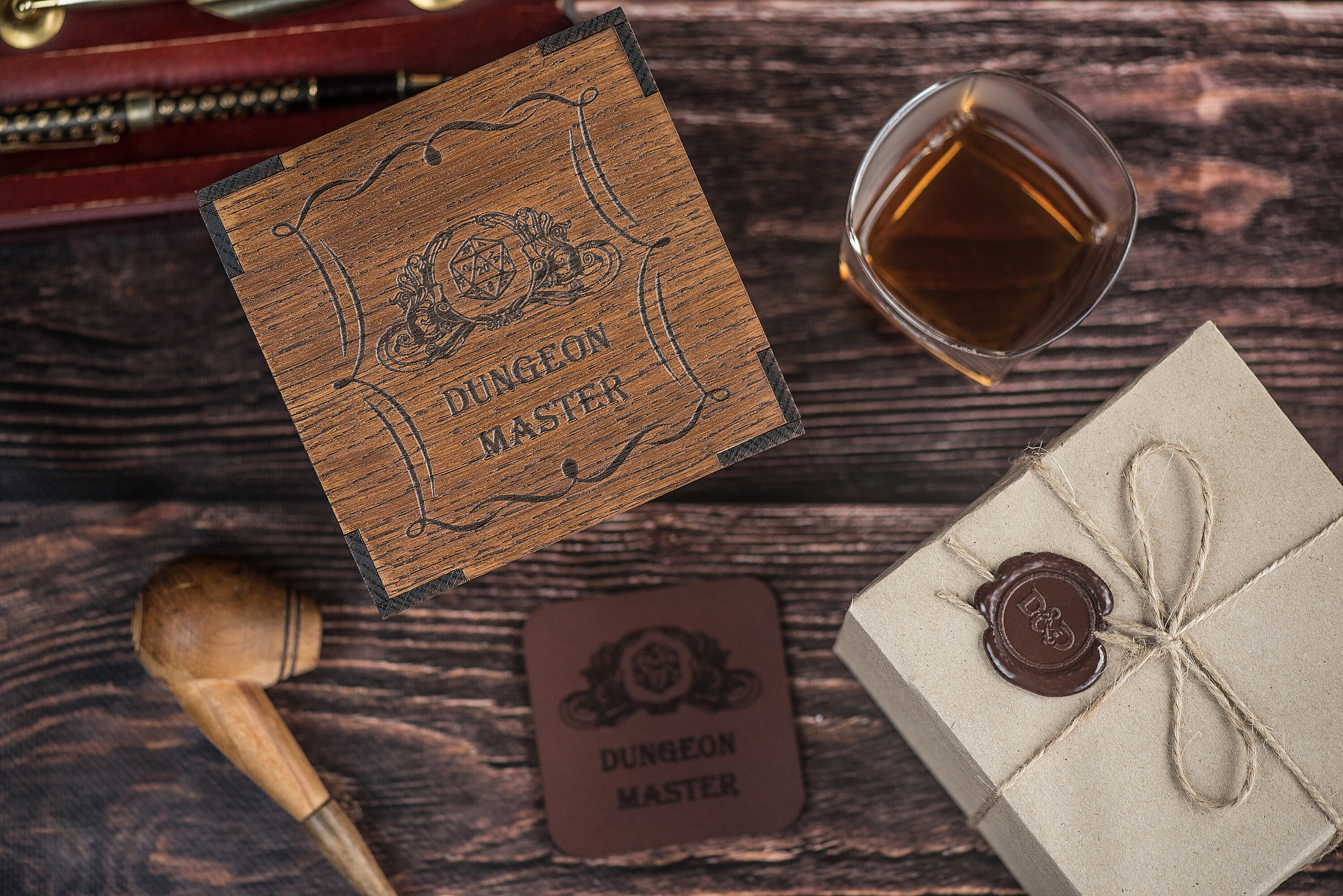 Dungeon Master Whiskey Glass Set: Dnd Engraved Glass, Leather Coaster ...